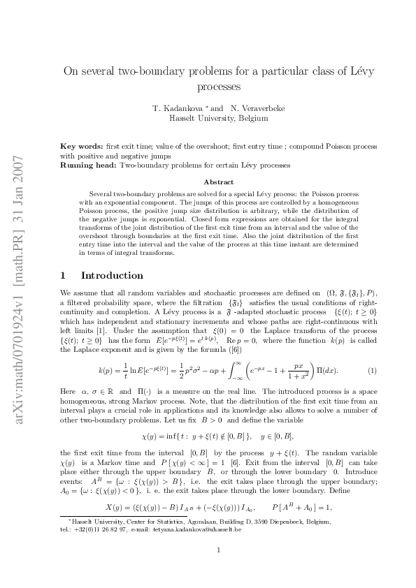 (PDF) On several two-boundary problems for a particular class of L\'{e}vy processes