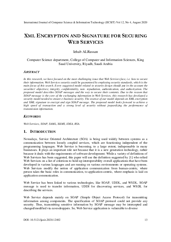 Pdf Xml Encryption And Signature For Securing Web Services Iehab Alrassan