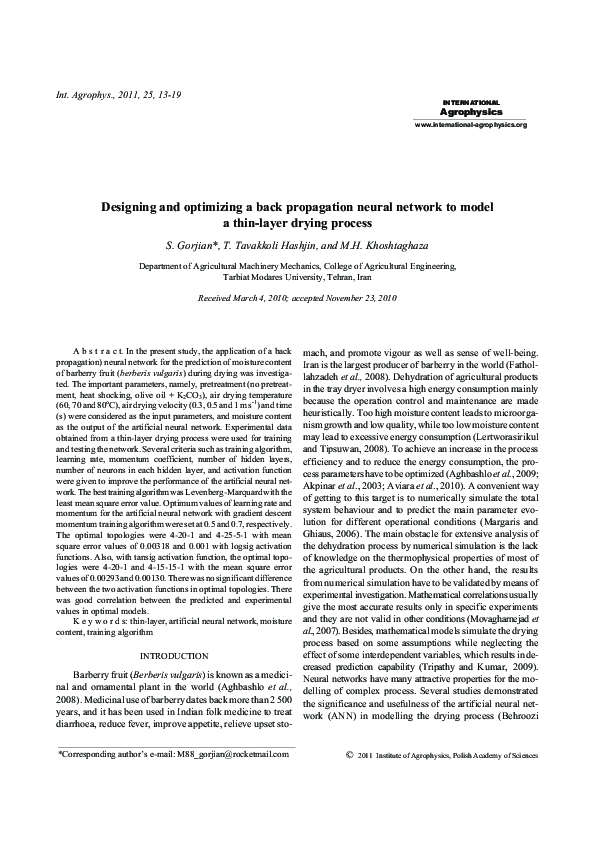 Pdf Designing And Optimizing A Back Propagation Neural Network To Model A Thin Layer Drying