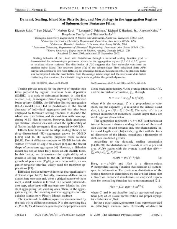 (PDF) Dynamic scaling, island size distribution, and morphology in the aggregation regime of ...