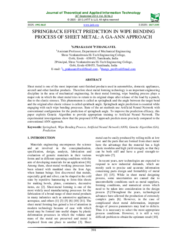 (PDF) Springback Effect Prediction in Wipe Bending Process of Sheet Metal: A Ga-Ann Approach
