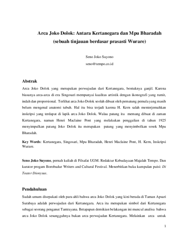 (PDF) Arca Joko Dolok: Antara Kertanegara dan Mpu Bharadah (sebuah ...