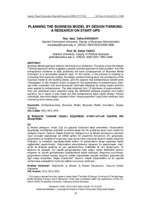 (PDF) Planning the Business Model by Design Thinking: A Research on Start-Ups