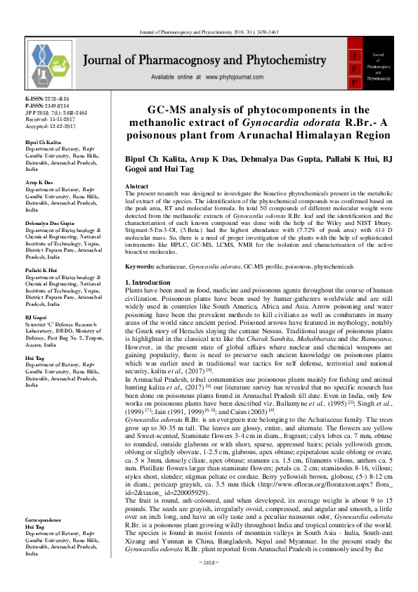 (PDF) GC-MS analysis of phytocomponents in the methanolic extract of Gynocardia odorata R.Br.- A ...