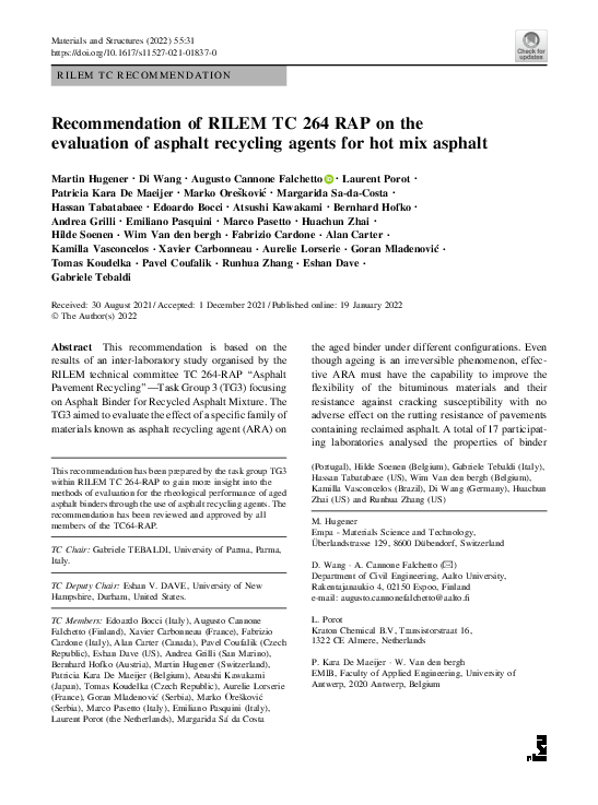 (PDF) Recommendation of RILEM TC 264 RAP on the evaluation of asphalt ...