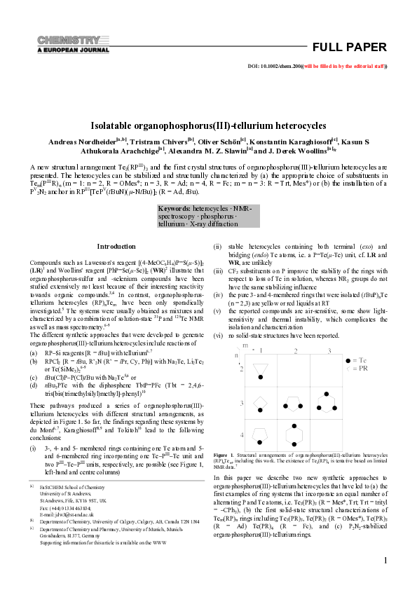 (PDF) Isolatable Organophosphorus(III)-Tellurium Heterocycles