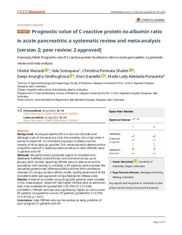(PDF) Prognostic role of C-reactive protein-to-albumin ratio in acute pancreatitis: a systematic ...