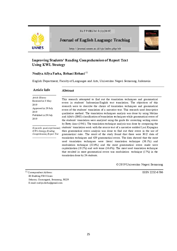 (PDF) Improving Students' Reading Comprehension of Report Text with KWL Strategy