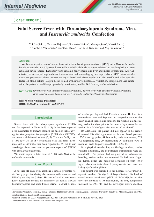 (PDF) Fatal Severe Fever with Thrombocytopenia Syndrome Virus and Pasteurella multocida Coinfection