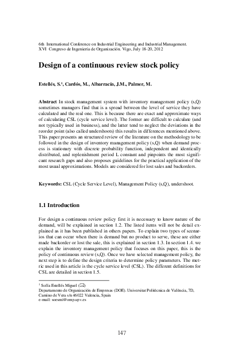(PDF) Design of a Continuous Review Stock Policy