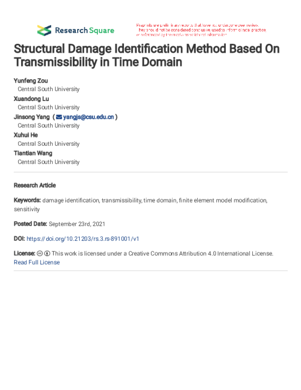 (PDF) Structural Damage Identification Method Based On Transmissibility ...
