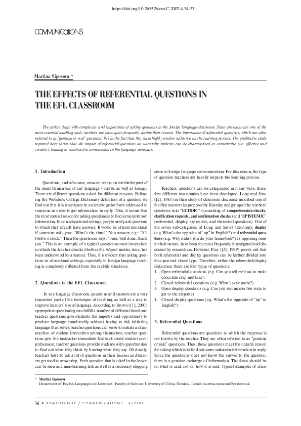 (PDF) The Effects of Referential Questions in the EFL Classroom