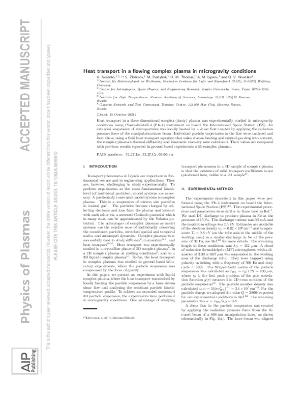 (PDF) Heat transport in a flowing complex plasma in microgravity conditions