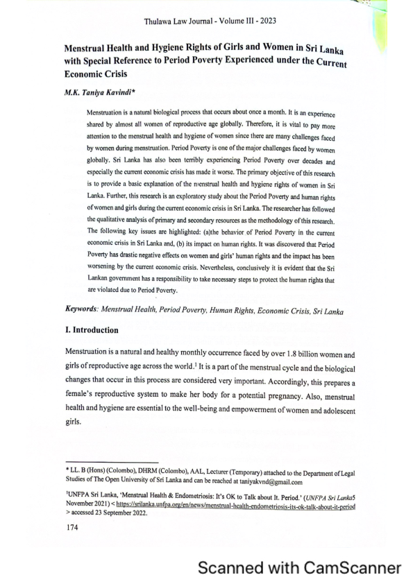 (PDF) MENSTRUAL HEALTH AND HYGIENE RIGHTS OF GIRLS AND WOMEN IN SRI LANKA WITH SPECIAL REFERENCE ...