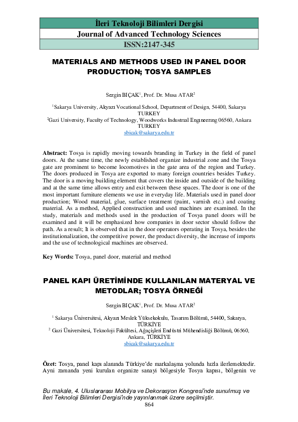 (PDF) Panel Kapi Üreti̇mi̇nde Kullanilan Materyal Ve Metodlar; Tosya Örneği̇
