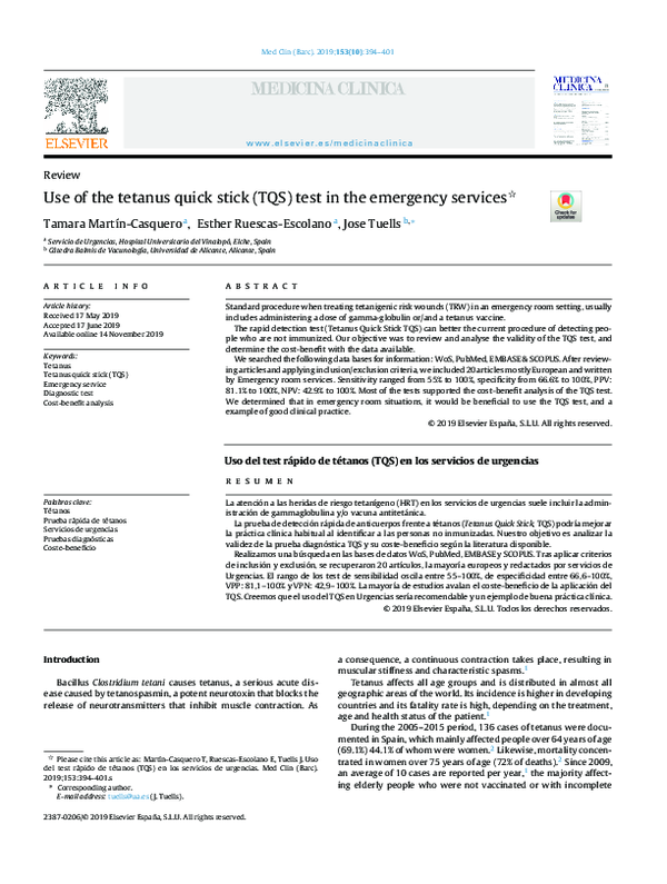 (PDF) Use of the tetanus quick stick (TQS) test in the emergency ...