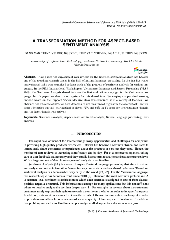 (PDF) A Transformation Method for Aspect-Based Sentiment Analysis