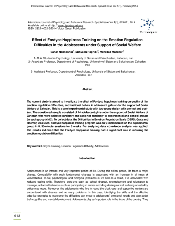 (PDF) Effect of Fordyce Happiness Training on the Emotion Regulation ...