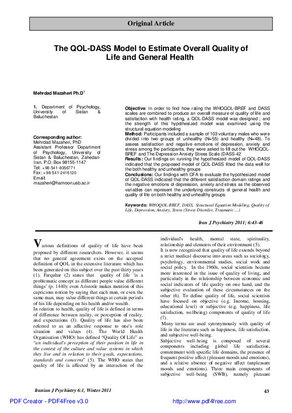 (PDF) The QOL-DASS Model to Estimate Overall Quality of Life and ...