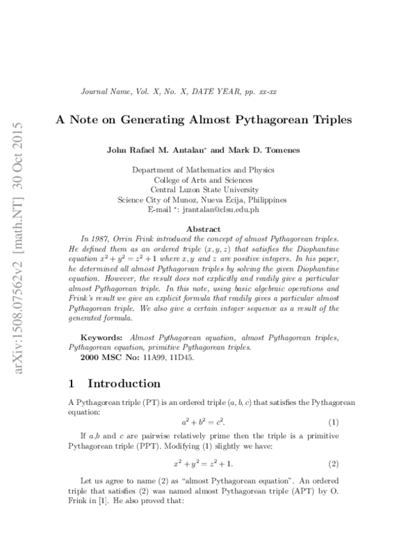 (PDF) A Note on Generating Almost Pythagorean Triples