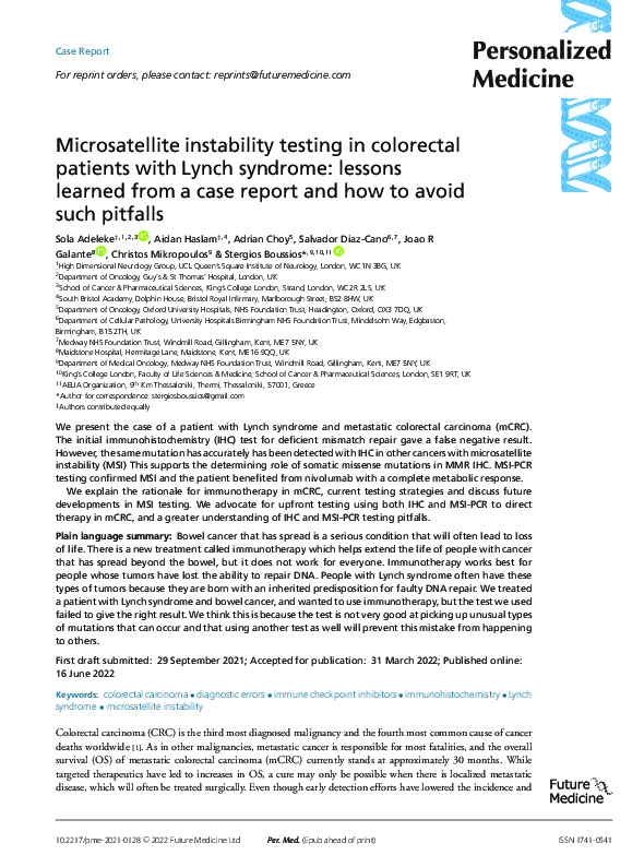 (PDF) Microsatellite instability testing in colorectal patients with ...