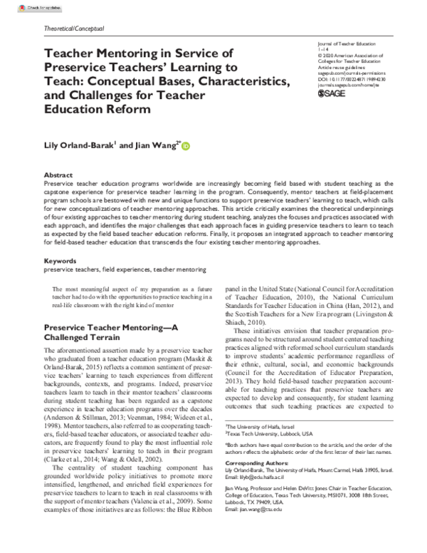 (PDF) Teacher Mentoring in Service of Preservice Teachers’ Learning to Teach: Conceptual Bases ...