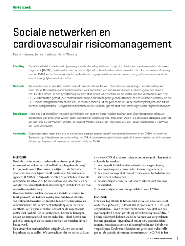 (PDF) Sociale netwerken en cardiovasculair risicomanagement
