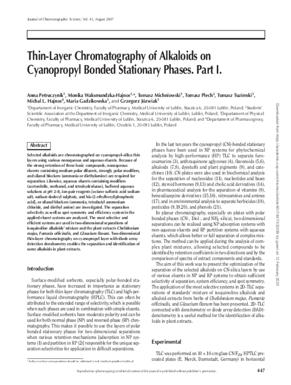 (PDF) Thin-Layer Chromatography of Alkaloids Using Cyanopropyl Phases