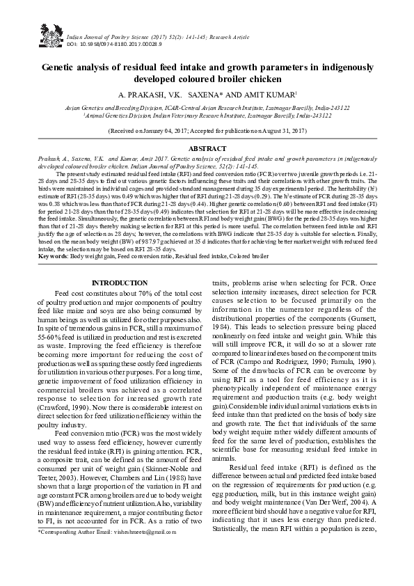 (PDF) Genetic analysis of residual feed intake and growth parameters in indigenously developed ...