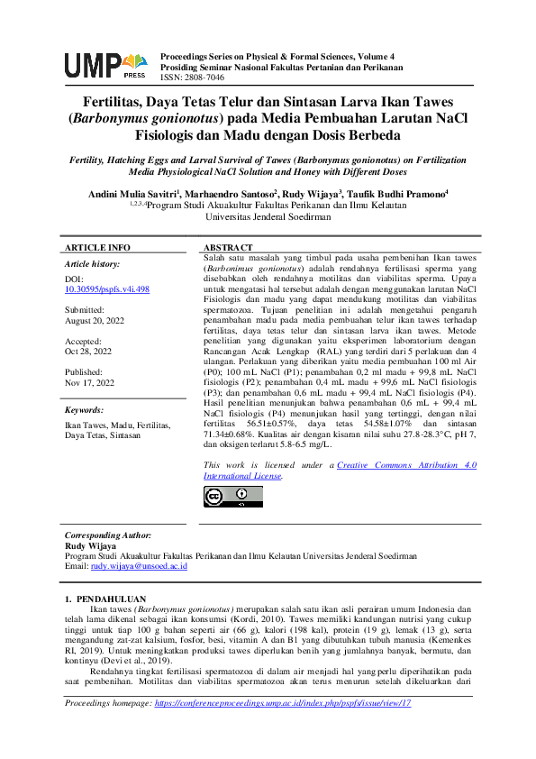 (PDF) Fertilitas, Daya Tetas Telur dan Sintasan Larva Ikan Tawes ...