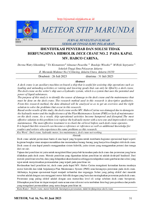 (PDF) Identifikasi Penyebab Dan Solusi Tidak Berfungsinya Hidrolik Deck Crane No. 2 Pada Kapal ...