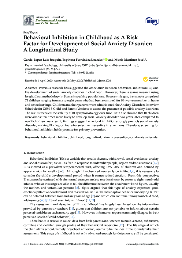 (PDF) Behavioral Inhibition in Childhood as A Risk Factor for ...