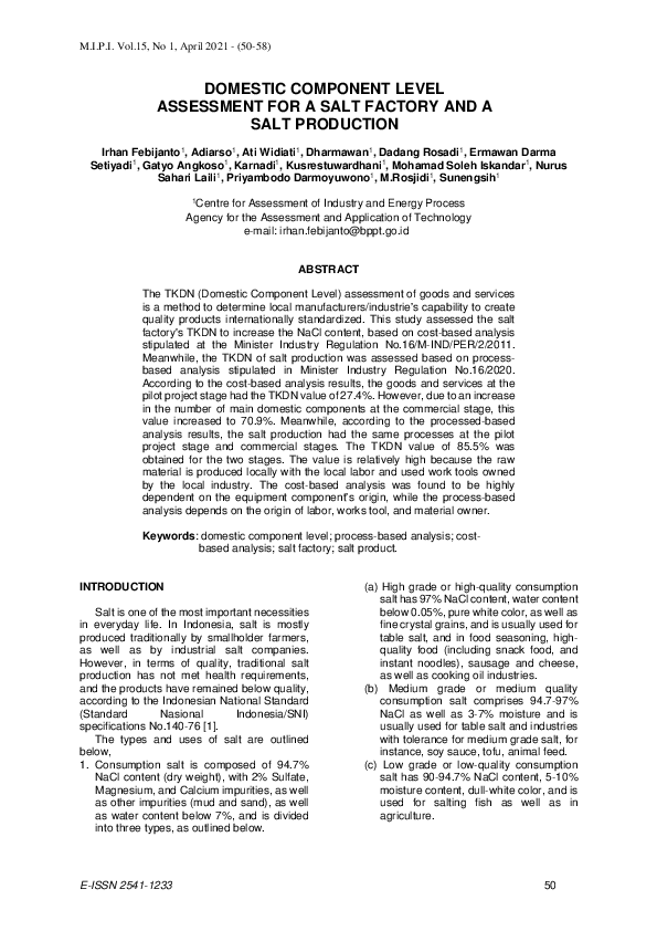 (PDF) Domestic Component Level Assessment for a Salt Factory and a Salt ...