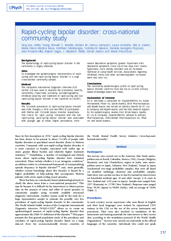 (PDF) Rapid-cycling bipolar disorder: cross-national community study