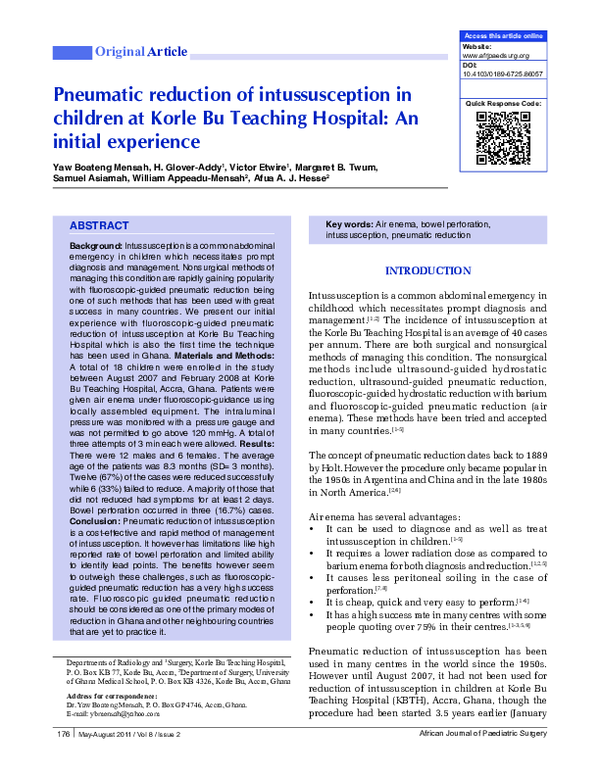 (PDF) Pneumatic reduction of intussusception in children at Korle Bu ...