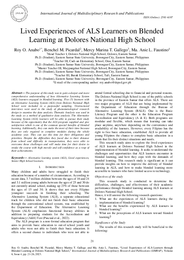 (PDF) Lived Experiences of ALS Learners on Blended Learning at Dolores National High School