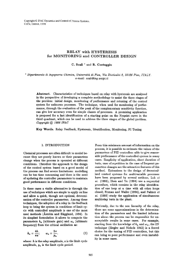 (PDF) Relay with Hysteresis for Monitoring and Controller Design