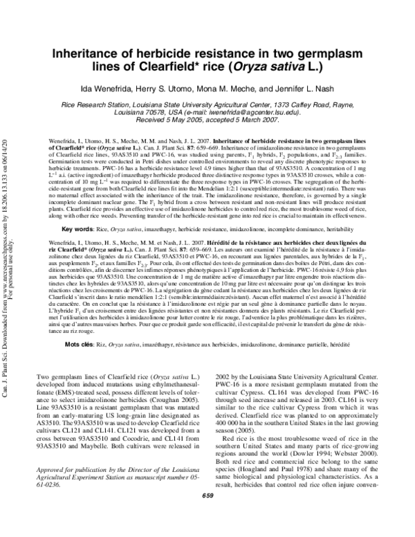 (PDF) Inheritance of herbicide resistance in two germplasm lines of ...