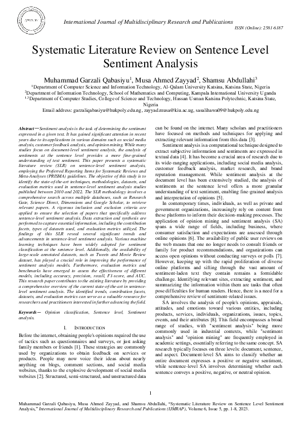 (PDF) Systematic Literature Review on Sentence Level Sentiment Analysis