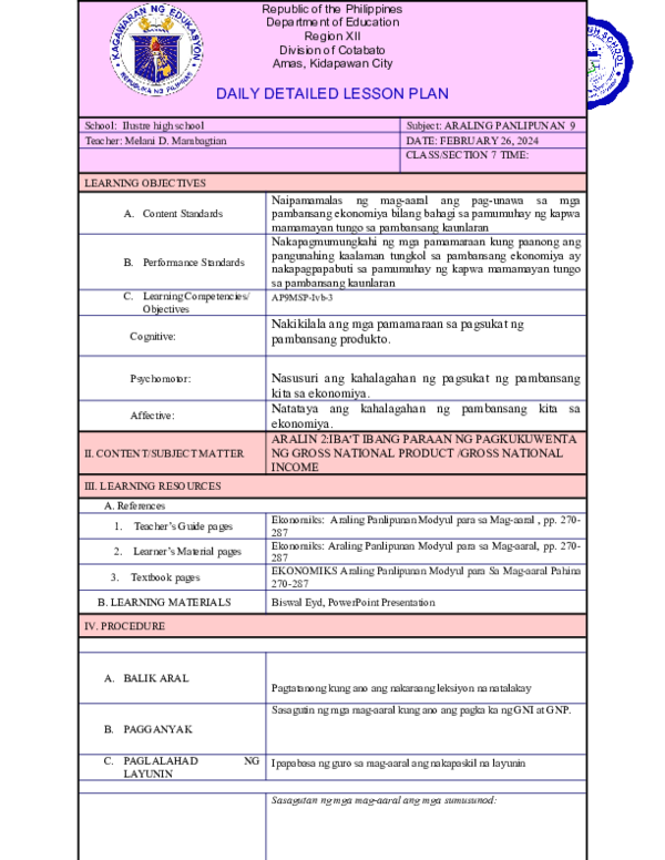 (DOC) DAILY DETAILED LESSON PLAN School: Ilustre high school Subject ...