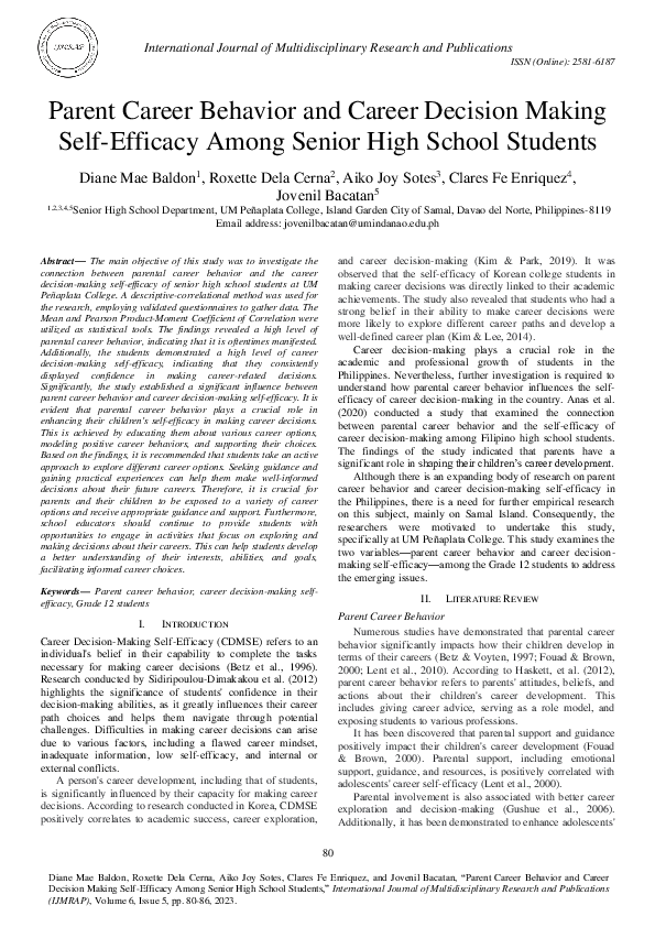 (PDF) Parent Career Behavior and Career Decision Making Self-Efficacy Among Senior High School ...