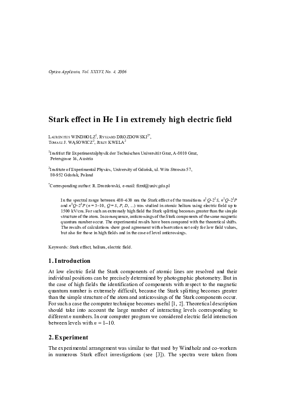 (PDF) Stark effect in He I in extremely high electric field