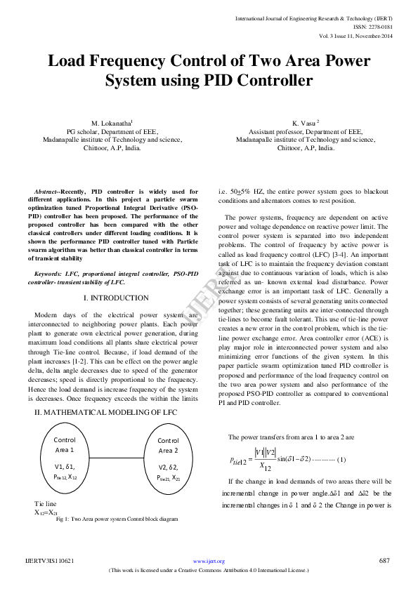 (PDF) Load Frequency Control of Two Area Power System using PID Controller