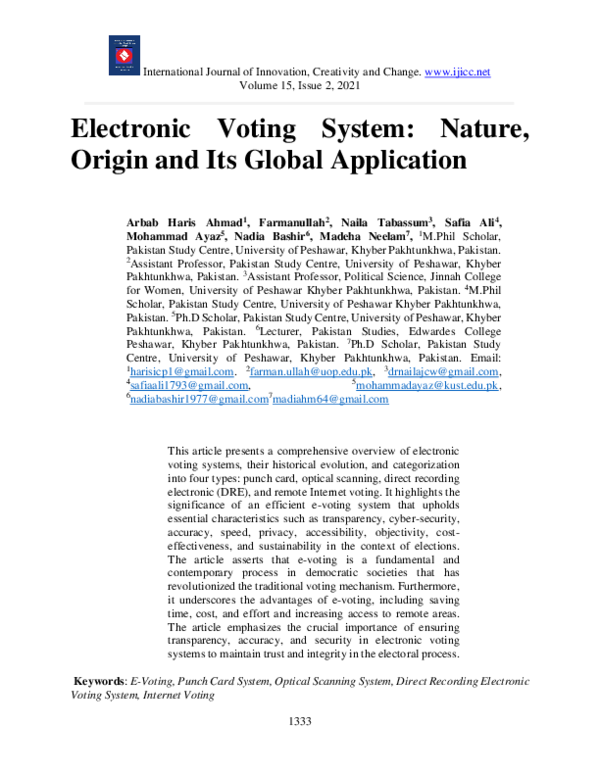 (PDF) Electronic Voting System: Nature, Origin and Its Global Application