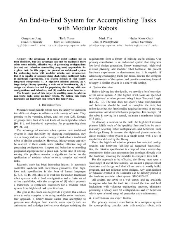 (PDF) An End-To-End System for Accomplishing Tasks with Modular Robots | Mark Yim - Academia.edu