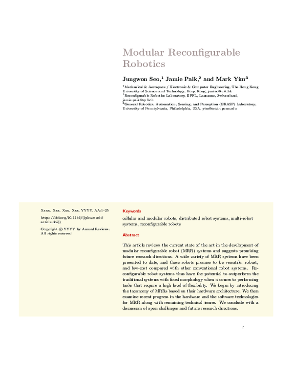 Pdf Modular Reconfigurable Robotics