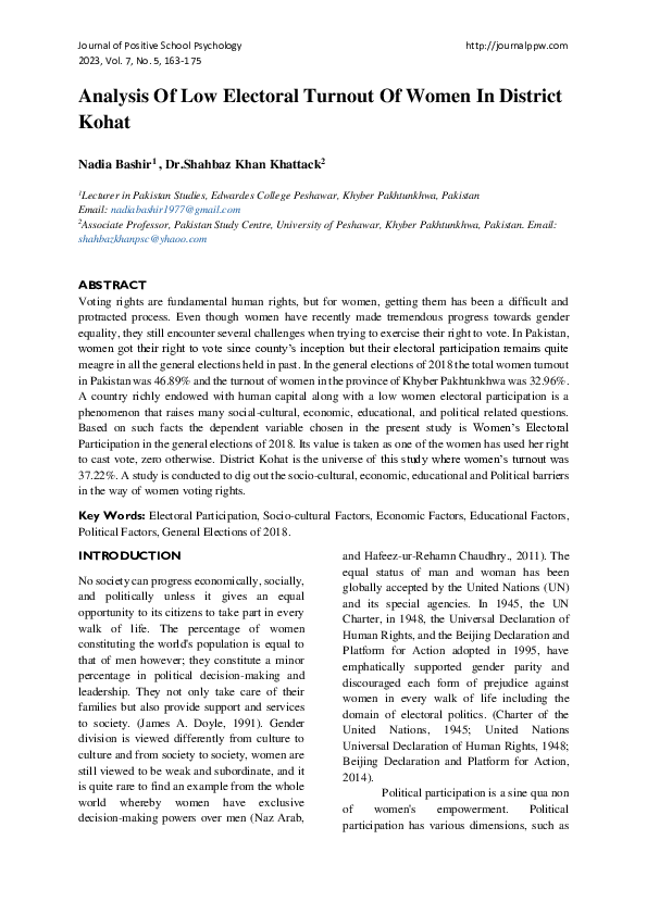 (PDF) Analysis Of Low Electoral Turnout Of Women In District Kohat