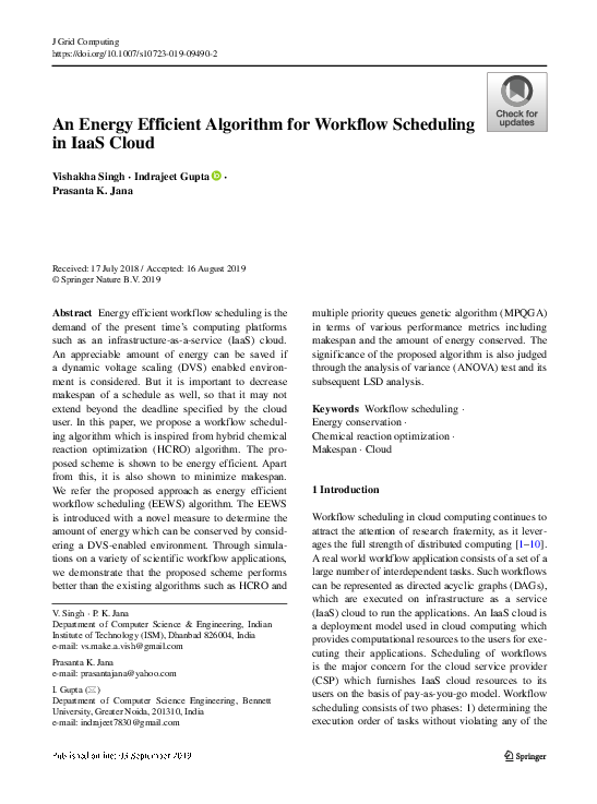(PDF) An Energy Efficient Algorithm for Workflow Scheduling in IaaS Cloud