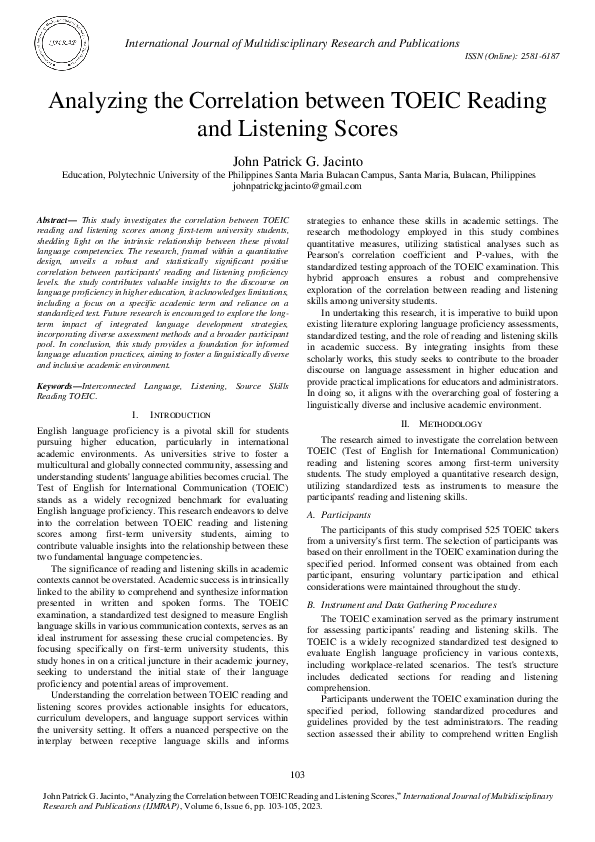 (PDF) Analyzing the Correlation between TOEIC Reading and Listening Scores