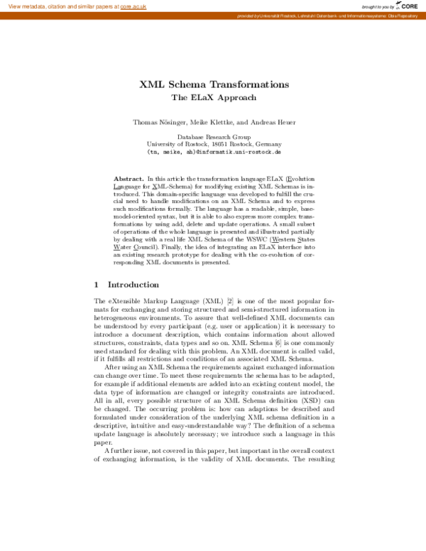 (PDF) XML Schema Transformations - The ELaX Approach